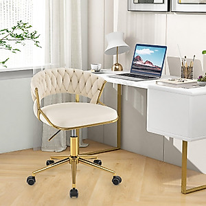 COSTWAY Velvet Office Desk Chair, Upholstered Makeup Vanity Chair w/Woven Back & Gold Base, Height Adjustable Swivel Computer Task Chair, Home Office Chair w/Wheels for Bedroom Study (Beige)