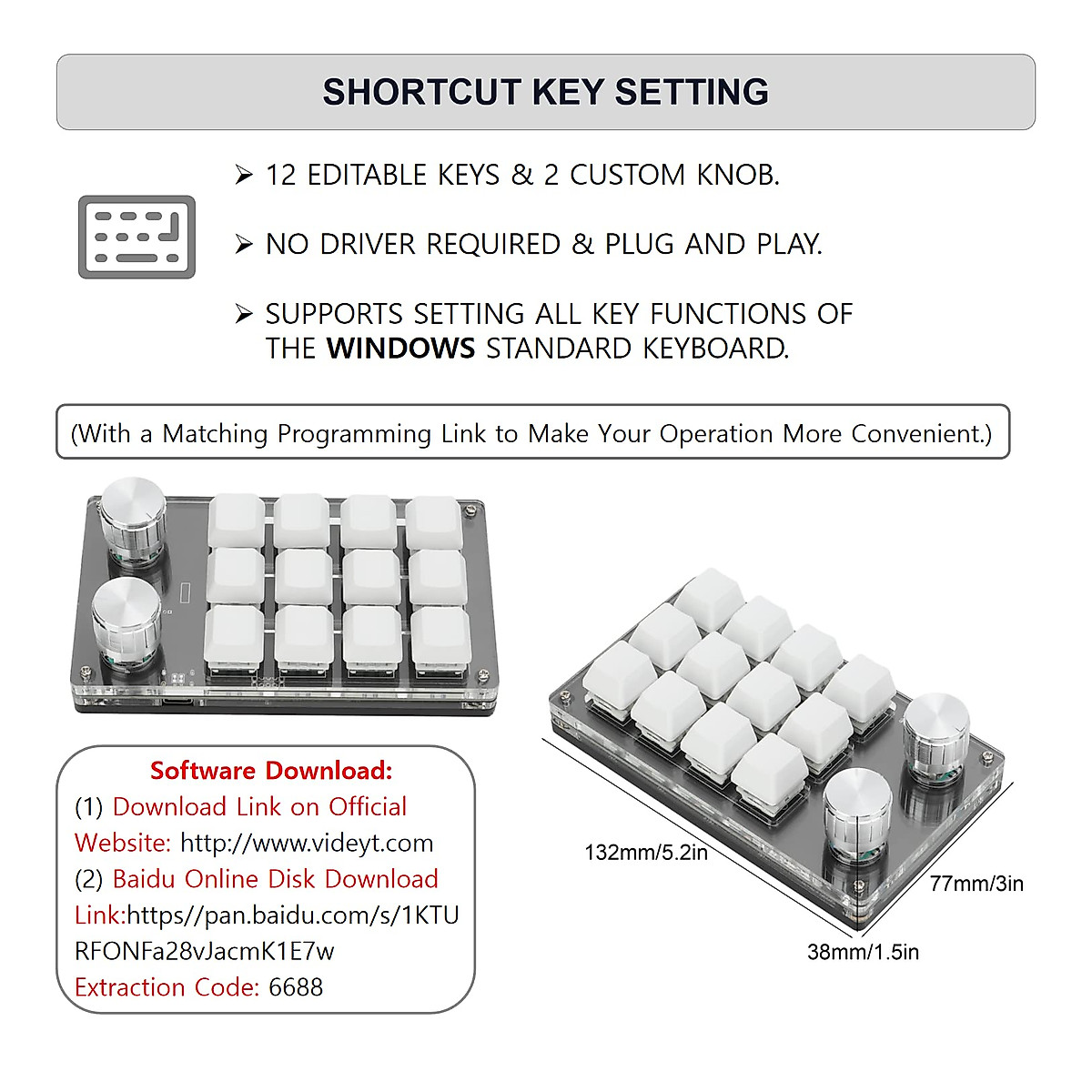 KUIDAMOS 12 Key Mini Mechanical Gaming Keyboard,Macro Keyboard Knob with Type C to USB Interface Mini One-Handed Mechanical Gaming Keypad One-Click Start for Linux OS X(White)