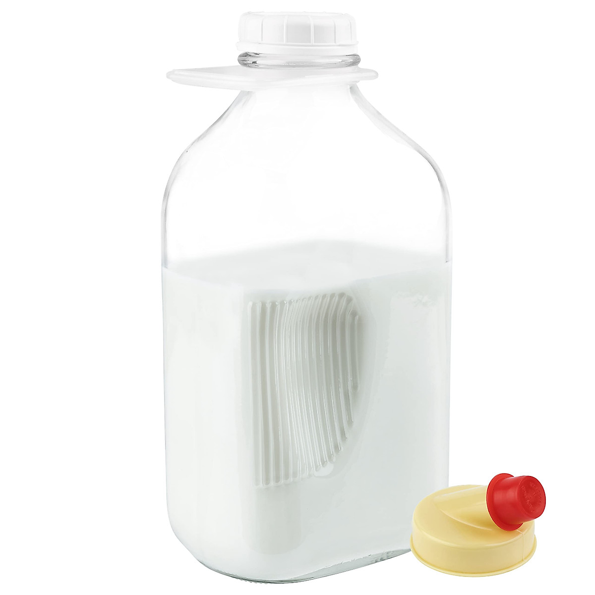 kitchentoolz 64 Oz Glass Milk Bottle with Lids, Half Gallon Milk Dispenser Container for Refrigerator, Glass Carafe Pitcher with Lid and Pour Spout