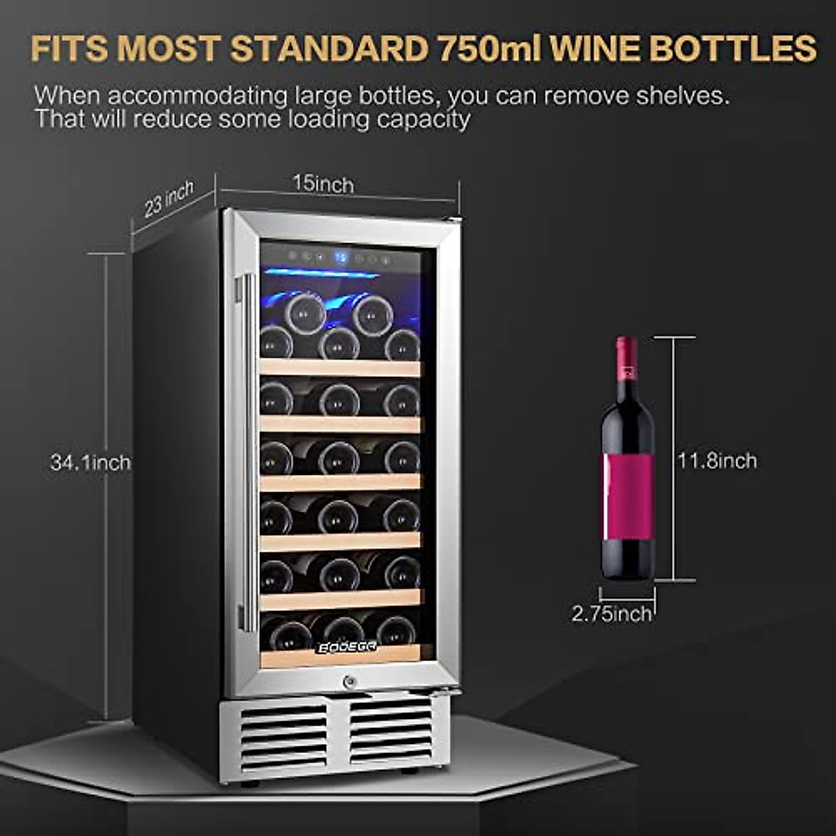 BODEGA Wine Cooler, 15 Inch Mini Fridge Wine Cooler Refrigerator, with Temperature Memory and Digital Temperature Control,Built-in or Freestanding (Double-Layer Glass Door)