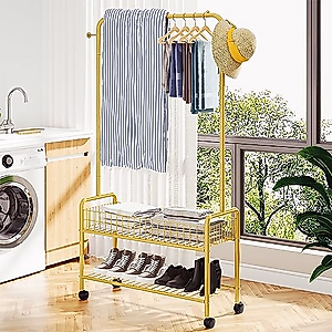 JIUYOTREE Rolling Clothes Rack with Storage Basket 35.4 Inches Freestanding Metal Clothing Rack with 2-Tier Storage Racks Garment Coat Rack with Wheels for Clothes Shoes Hats Bags Golden