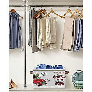 Christmas Cube Storage Organizer Bins with Handles,1PC 15x11x9.5 Inch Collapsible Canvas Cloth Fabric Storage Basket,Xmas Red Truck Winter Snowy Tree Poinsettia Flower Kids' Toys Bin Boxes for Shelves