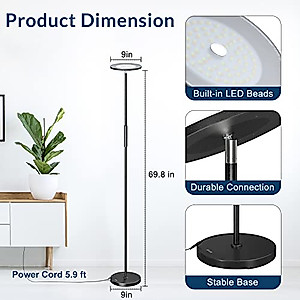 SHINESTAR LED Floor Lamp, 30W/2500LM Bright Sky Floor Lamp, Stepless Dimming and 3 Color Temperatures, Bluetooth WiFi and Touch Control, for Living Room, Bedroom, Office (Black)