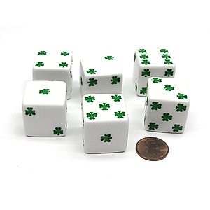 Koplow Games Pack of 6 Shamrock D6 25mm Large Jumbo Dice - White with Green Pips
