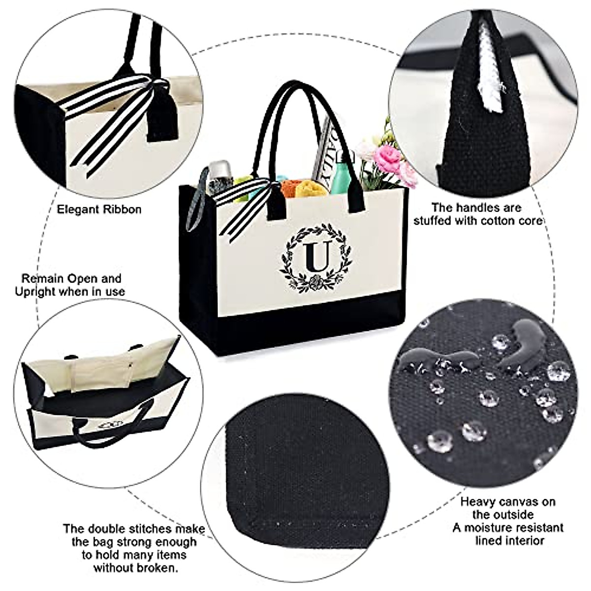 BeeGreen Initial Tote Bag with Zipper Pocket Embroidery Gifts Monogram Beach Tote Bag with Removable Bottom Support 13OZ Canvas Tote Bag Aesthetic for Bridesmaids Teacher Mother's Day Large Tote Bag U