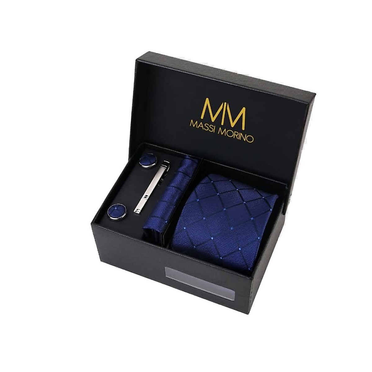 Massi Morino ® Mens Tie Set (Cufflinks and tie set) Box including Men ties + Cufflinks + handkerchief/bluetie tieblue blue azure royal sapphire teal turquoise ultramarine square shape