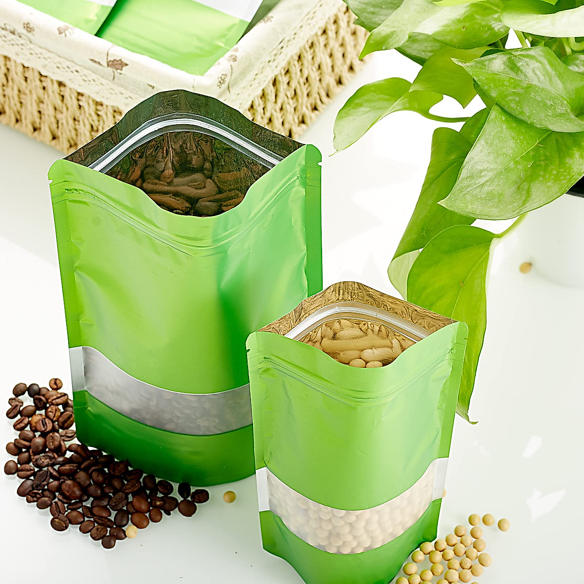 TOCKONIMN Stand-up Pouch Smell-Proof Edible Bag Packaging for Food-Storage 100 Pack Resealable Containers for Candy Products Heat Sealable Ziplock Bags with Clear Window (5.5"x7.8", green)