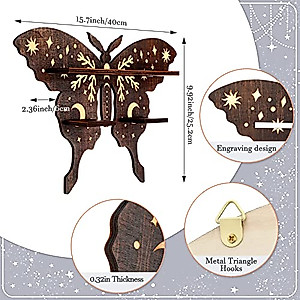 Yulejo Crystal Shelf Display Rustic Wooden Cat Moon Shelves Moth Hamsa Hand Wolf Crystal Holder Shelves Wooden Floating Shelf for Rock Gemstones Meditation Spiritual Gift for Home Bedroom (Moth)