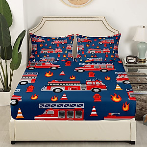 Cartoon Car Bed Sheets Set Fire Truck Sheet Set for Kids Boys Girls Room Decor Firefighter Sheets with Deep Pocket Fitted Sheet Firemen Car Vehicle Fire Engine Blue Red Bedding Set 4Pcs Full