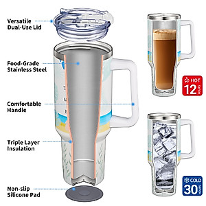 THILY 40 oz Stainless Steel Tumbler with Handle - Vacuum Insulated Travel Cup, Splash-Proof & Leakproof Lid, 2 Straws & Brush | Keeps Cold 34H/Hot 12H, Cupholder Friendly, Garden