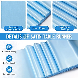 Tudomro 16 Pcs Round Plastic Tablecloth and 12 x 108 Satin Table Runner Set 84" Round Table Covers Circle Plastic Table Cloth for 4th of July Birthday Wedding Party Decoration(White, Light Blue)