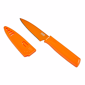 Kuhn Rikon Colori Non-Stick Straight Paring Knife with Safety Sheath, 4 inch/10.16 cm Blade, Tangerine