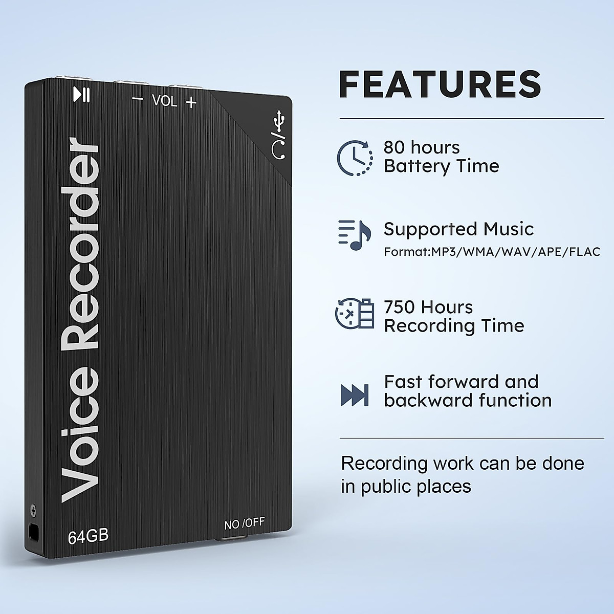 Chasesun Voice Recorder - 64GB Digital Voice Recorder 750 Hours Recording Capacity Recording Device with Playback,Can Be Use as MP3 Suitable for Meetings Lectures Black 4.5X7X0.7