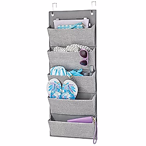 mDesign Soft Fabric Over the Door Hanging Storage Organizer with 5 Large Pockets for Closets in Bedrooms, Hallway, Entryway, Mudroom - Textured Print - Hooks Included - Gray
