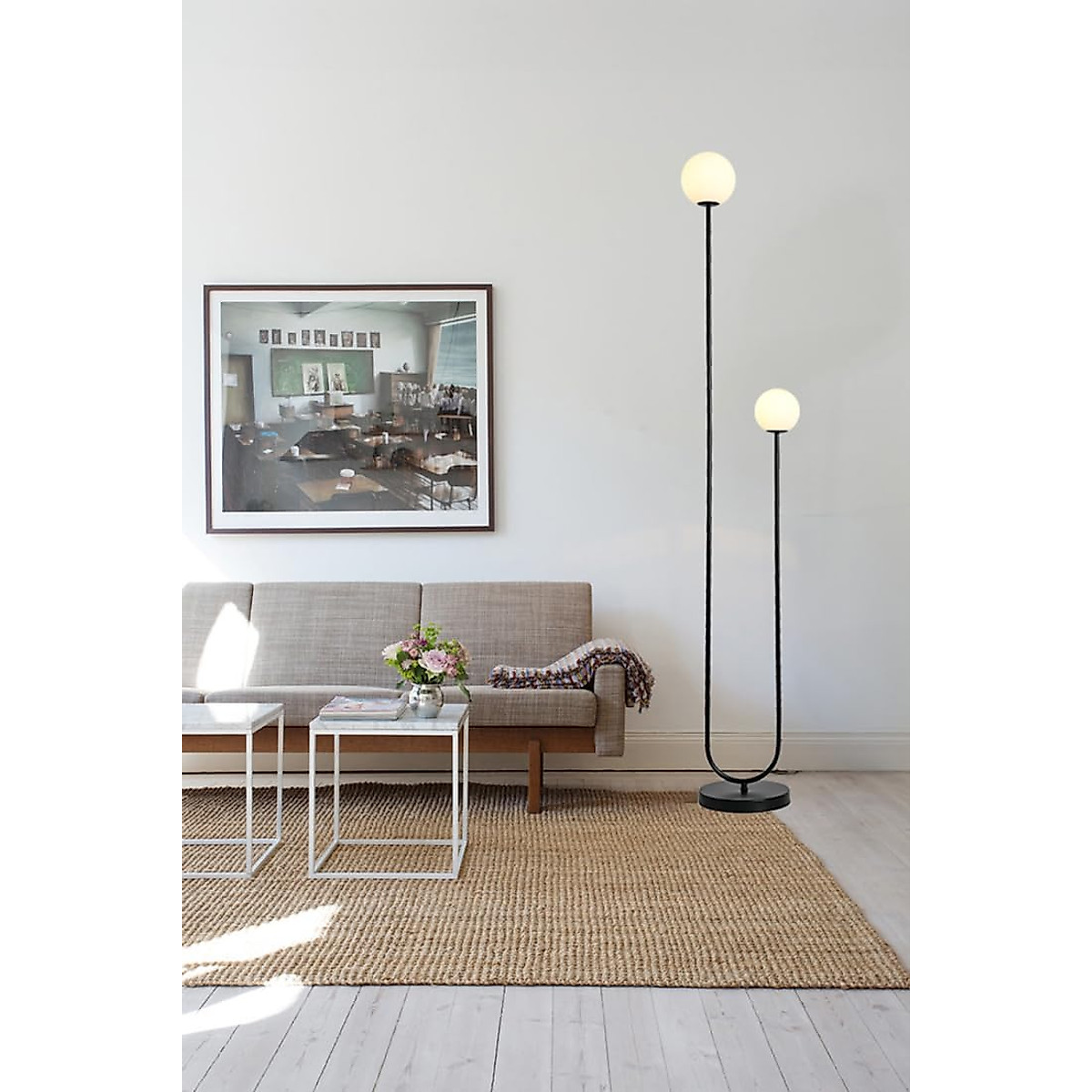 AMARTIZ Mid Century Black Floor Lamp Modern U-Shape Globe Glass Stand Light Modern Black Floor Light for Living Room Bedrooms Offices,Milk White Glass Lampshade