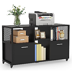Tribesigns 2 Drawer Wood File Cabinets, Modern Mobile Lateral Filing Cabinet for Letter/ A4 Size, Printer Stand with Open Storage Shelves and Drawer for Home Office, Black