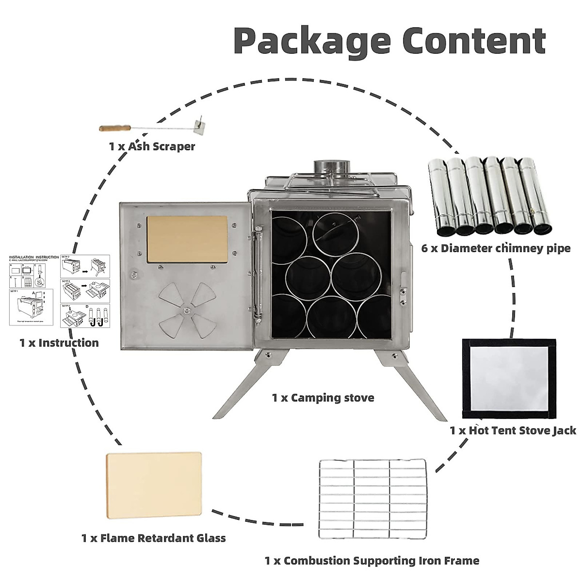COEWSKE Wood Tent Stove, Hot Tent Stove Wood Burning Heater for Camping, Small Portable Ultralight Tent Stove Stainless Steel with Chimney Pipes for Outdoor, Camping, Cooking, Heating, Indoor