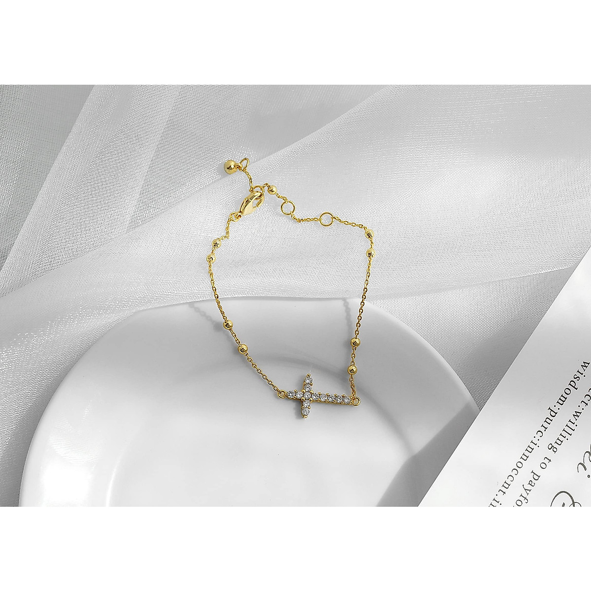 AKISSEYE Cross Bracelet for Women Girls CZ, 14K Gold Plated Sideways Cross Bracelet with Faith, Stainless Steel Religious Cross Bracelet Length Adjustable