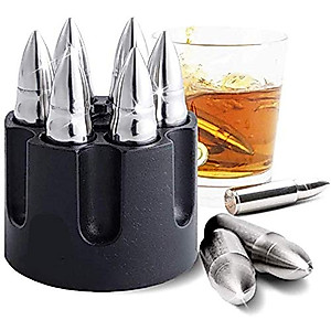 Zwin Extra Large Silver Bullets Whiskey Stones Set for Drink, 6Pcs Whiskey Ice Cubes Bullets Stones with Base, Reusable Whiskey Stones Stainless Steel Whisky Gifts for Men Dad Boyfriend