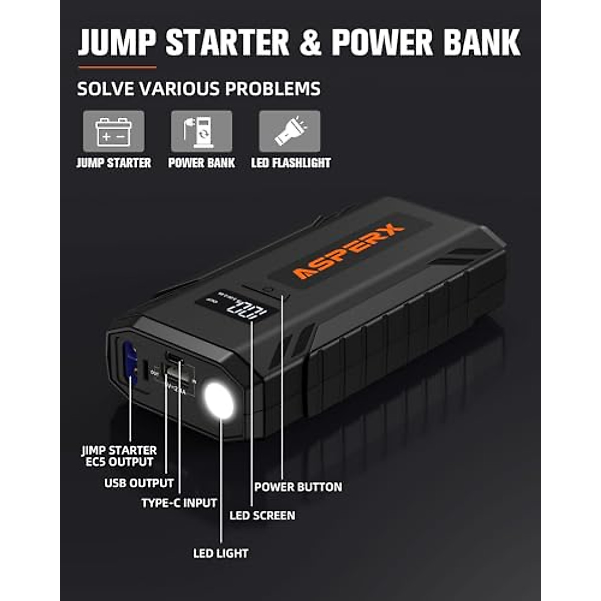 ASPERX 3500A Battery Jump Starter with PD 30W Fast Charging (Up to 10L Gas/8.5L Diesel Engines), 12V Battery Starter with 4 Inch LCD Display, Lithium Battery Booster with LED Light