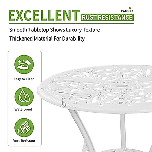 PATIO-IN Bistro Set 3 Piece Outdoor Patio Set, Rust Resistant Bistro Table and Chairs Furniture with Umbrella Hole, Cast Aluminum Bistro Table Set of 2 for Porch,Lawn,Garden,Backyard, White