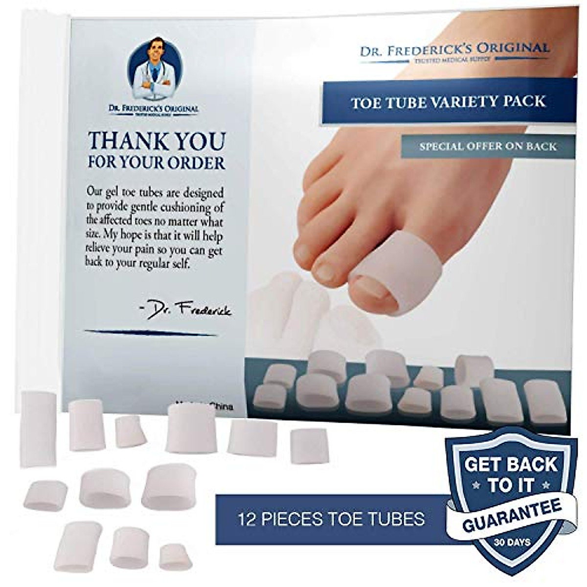 Dr. Frederick's Original Gel Toe Tubes 12 Piece Variety Pack - Small, Medium and Large Sizes - Toe Protectors & Separators for Calluses - Blisters - Corns