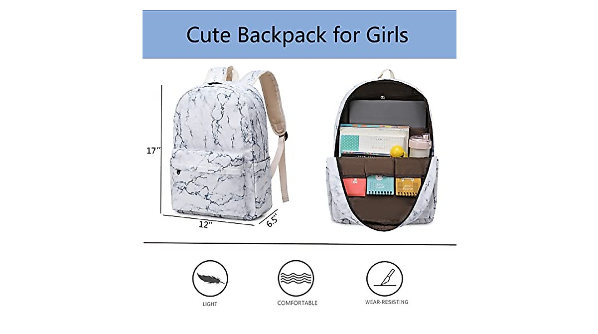 FLYMEI Marble Girls Backpack | School, 15.6" Laptop & Lunch