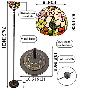 ZJART Tiffany Floor Lamp Torches Stained Glass Lamp 8X8X72 Inch Swivel Arm Angle Adjustable Antique Reading Light （Butterfly Flowers）