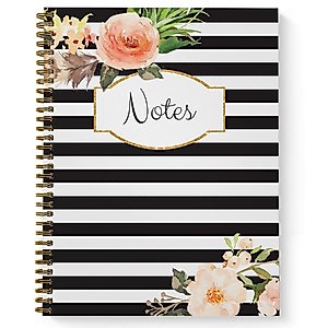 Softcover Classic Floral Notes 8.5" x 11" Spiral Notebook/Journal, 120 College Ruled Pages, Durable Gloss Laminated Cover, Gold Wire-o Spiral. Made in the USA