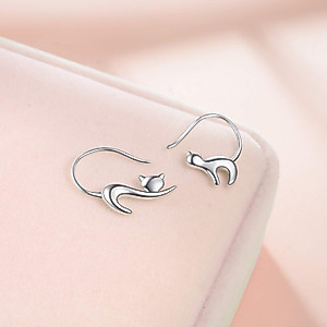 Cat Dangle Earrings 925 Sterling Silver Pull Through Animal Cat Hoop Earrings for Women Grils Christmas Gifts