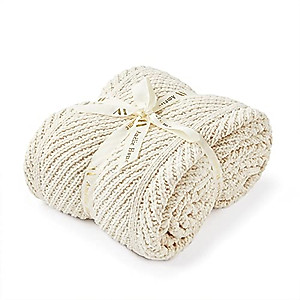 Amélie Home Herringbone Chenille Knit Throw Blanket, Textured Soft Warm Cable Knitted Throw Blankets, Farmhouse Rustic Cozy Knot Braided Crochet Blanket for Couch Bed, Ivory, 50"x 60"