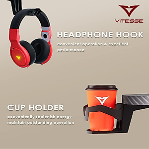 VITESSE Gaming Desk 63 Inch, Ergonomic Gamer Computer Desk with Mouse Pad, PC Gaming Tables with Gaming Handle Rack, Cup Holder Headphone Hook