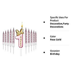 Pink Birthday Candle Girl, Number Birthday Cake Topper with 10 Pieces Rose Gold Birthday Candles Long Thin Cupcake Candles in Holders for Cake Topper Birthday Baking Decor Supplies (Number 1 Style)