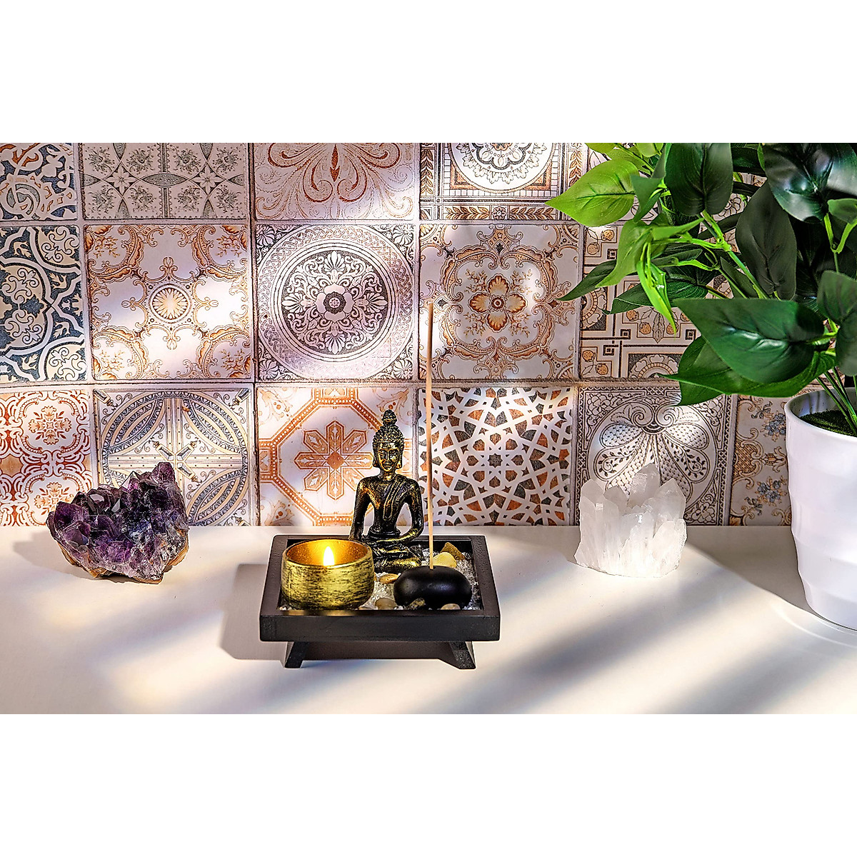 CrystalTears Meditation Zen Garden Set with Buddha Satue, Tea Light Candle Holder, Incense Burner Holder Tabletop Zen Garden Gift for Home Decor