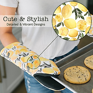 Sage+Stitch Heat Resistant Designer Kitchen Oven Mitts with Neoprene Non-Slip Grips and Hanging Loops | Set of 2 100% Cotton Long Sleeve Kitchen Oven Mitts | 5.5" x 12" | Yellow Lemons