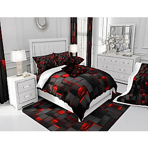 Feelyou Red and Black Bedding Set King Size Light Geometric Comforter Set for Kids Boys Girls Geometry Decor Comforter Modern Duvet Set