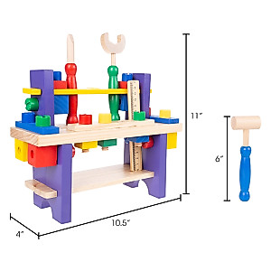 Hey!Play! Kids Workbench and Tool Set- Solid Wood Tabletop Workshop, Pretend Play Toy Building Set, Includes Hammer, Ruler, Screwdriver, Wrench