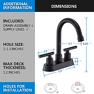 YardMonet Black Bathroom Faucets, 2 Handle Bathroom Sink Faucet, 4-Inch Centerset Bathroom Sink Faucet with Pop Up Drain and Water Supply Lines Bathroom Faucet Black