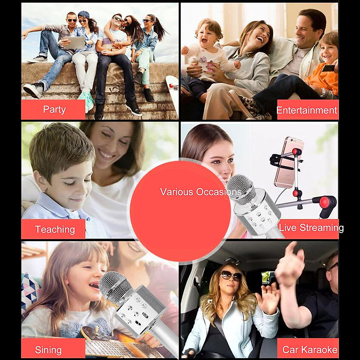 WS-858 Bluetooth Karaoke Microphone Recording 3-in-1 Handheld Portable Mic Speaker Machine Music Player Recorder for Karaoke Party Wedding Meeting