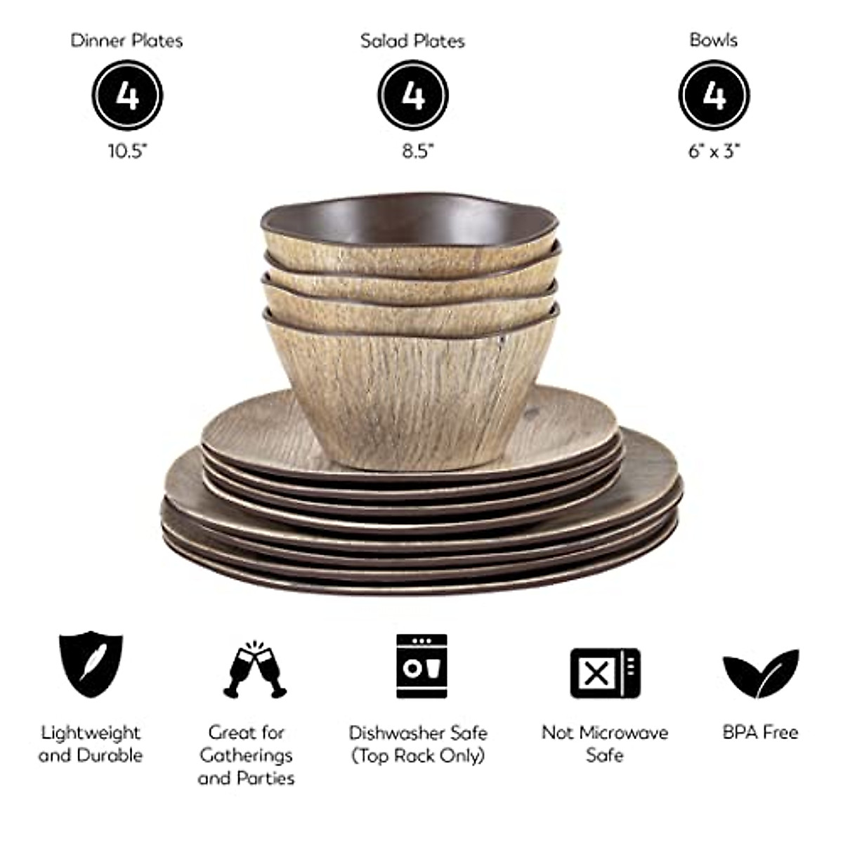 Melamine Dinnerware Sets - 12 pcs Melamine Plates Outdoor Plates Summer Plates and Bowls Sets Melamine Plates Ideal Camping Dish Set Dinnerware Set for 4 Dishwasher Safe (Wood Grain)