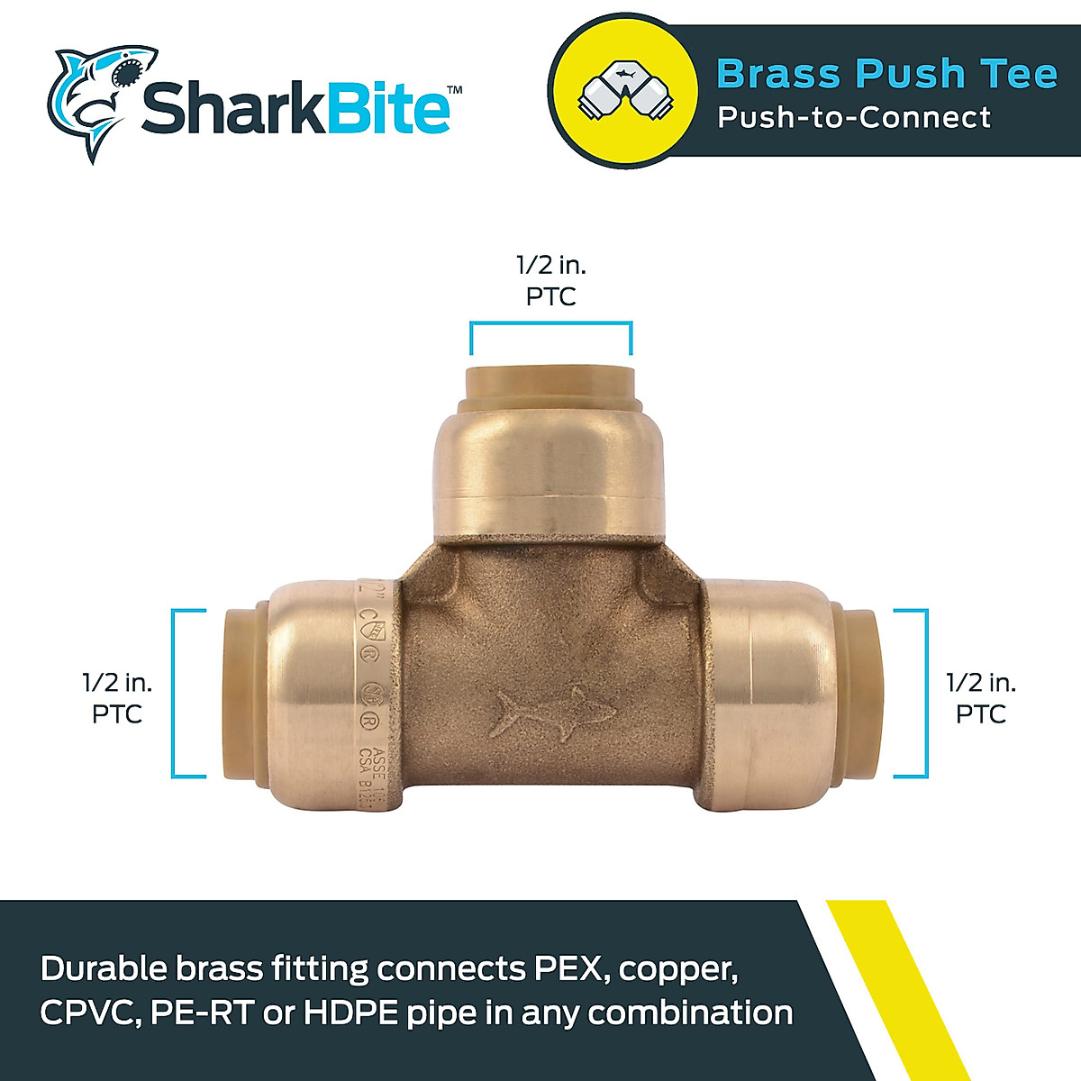 SharkBite 1/2 Inch Tee, Push to Connect Brass Plumbing Fitting, PEX Pipe, Copper, CPVC, PE-RT, HDPE, U362LFA