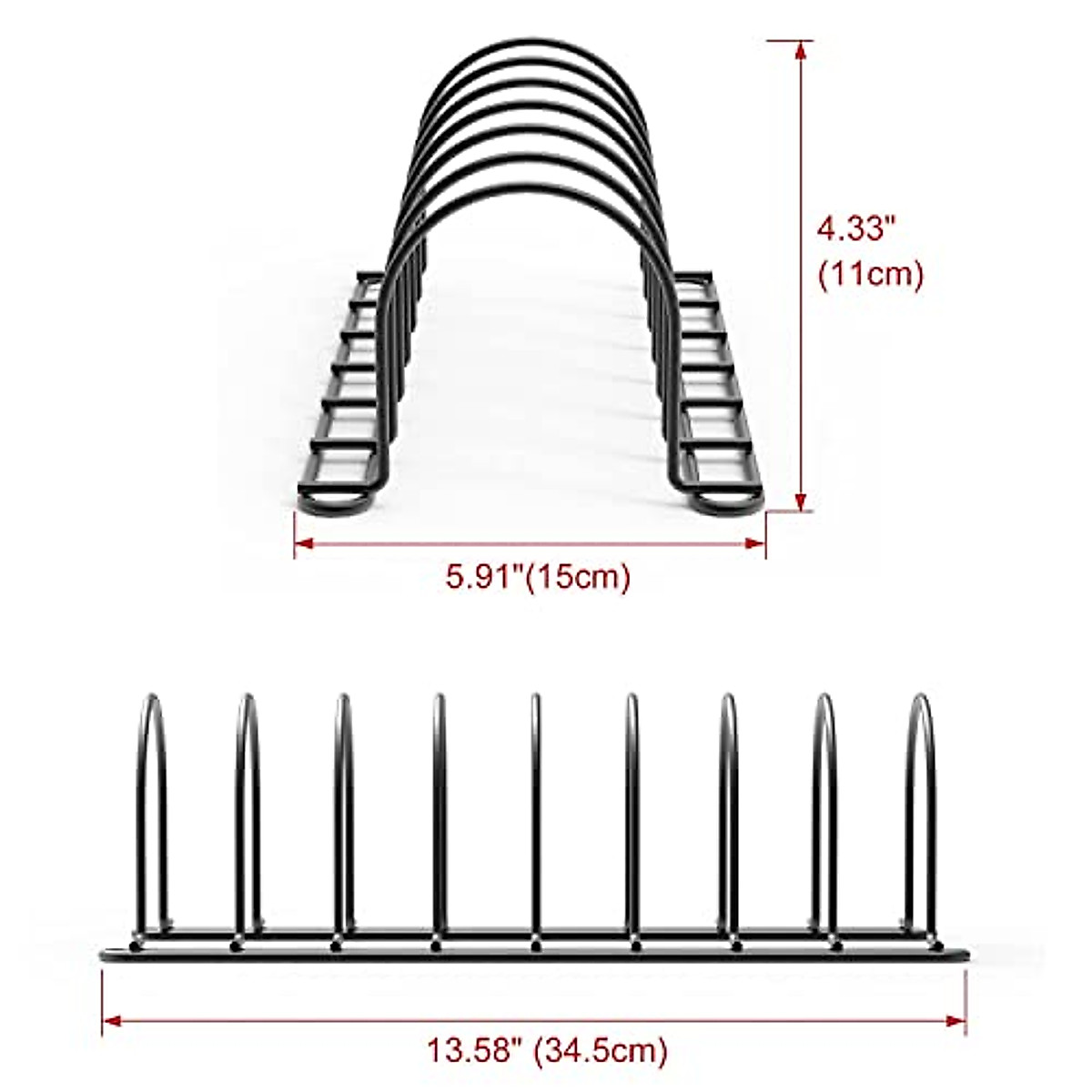 JAQ Pot Lid Rack Organizer, 13.5'' Kitchenware Dividers Holder for Plates, Pans, Cutting Boards, Muffin Tins, Baking Sheets in Cabinets Shelf Countertop Pantry ( Black, 8-Slot)