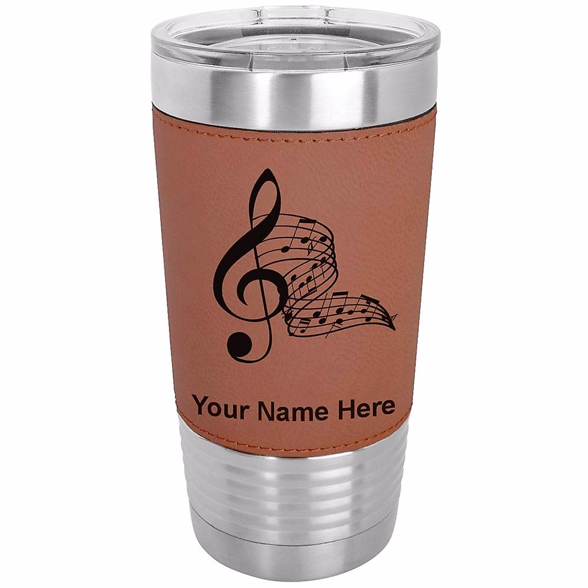 LaserGram 20oz Vacuum Insulated Tumbler Mug, Musical Notes, Personalized Engraving Included (Faux Leather, Dark Brown)