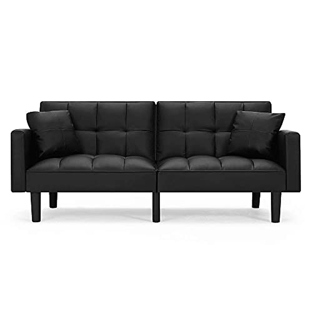 HOMHUM Modern Leather Convertible Futon Sofa Bed Folding Couch Recliner Adjustable Back with Arm Set for Living Room, Black