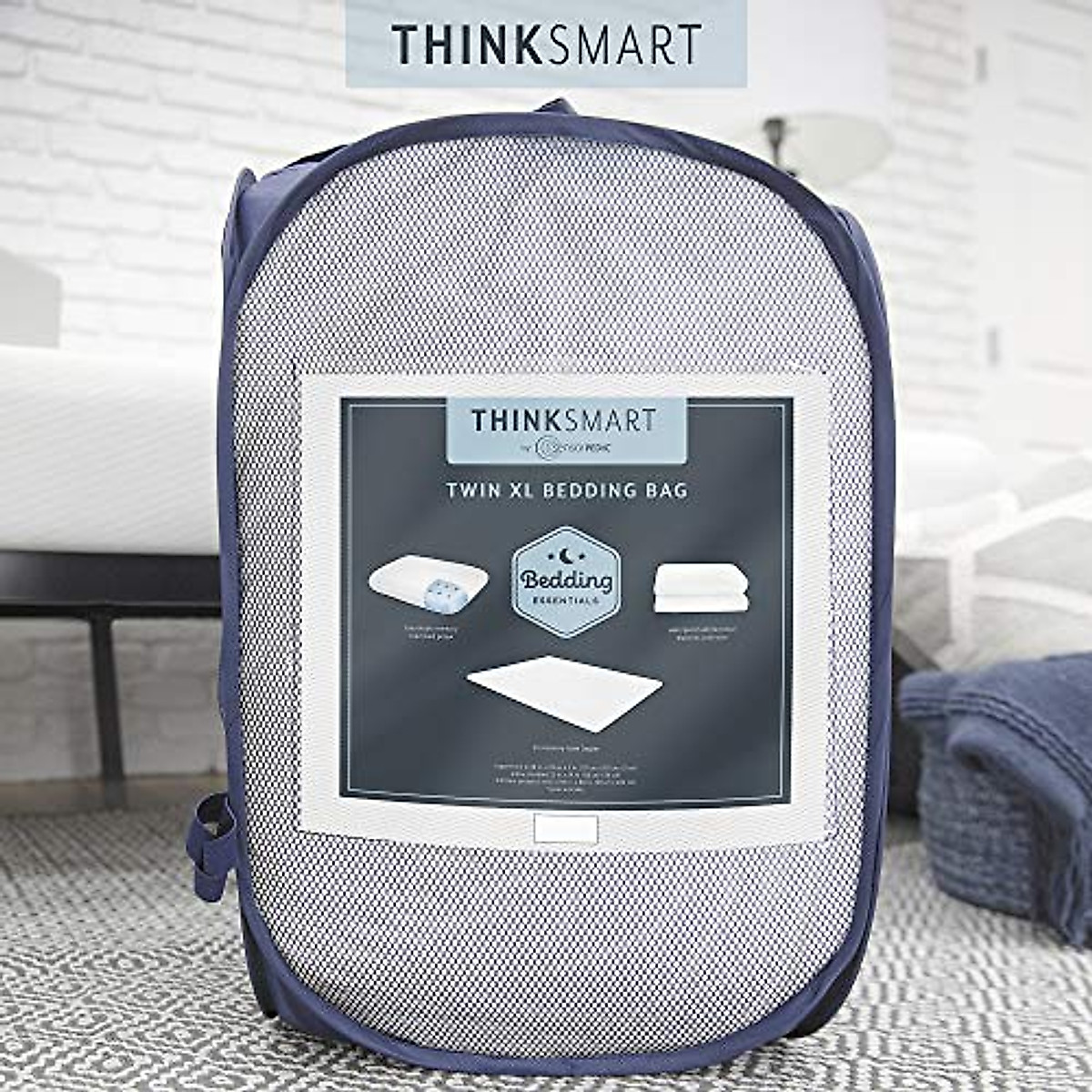 SensorPEDIC ThinkSmart Dorm Essentials 4-Piece Bundle Topper, Mattress Protector, Bed Pillow, and Laundry Duffle Bag, Twin, White