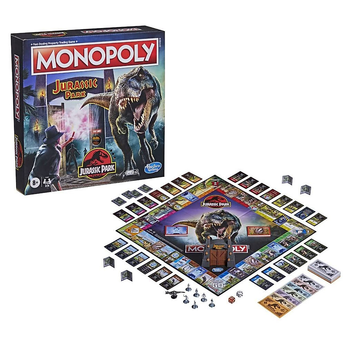 Monopoly: Jurassic Park Edition Board Game for Kids Ages 8 and Up, Includes T. Rex Token, Electronic Gate Plays SFX and Movie Theme