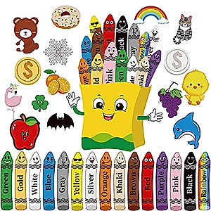 31 Pieces Colorful Crayons Cutouts Bulletin Board Set Color Poster Pencils Fruit Animal Cutout Stickers Bulletin Board Accent for Educational Preschool Learning Classroom Decor