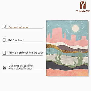 Southwestern Desert Wall Art - Pastel Pink and Teal Poster Picture Prints - Modern Boho Mountain Wall Decor - Green Cactus Room Decor - Textured Nature Art - Abstract Western Artwork for Bedroom 8x10