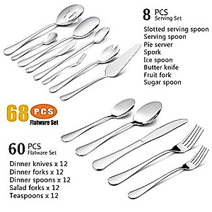 HaWare 68 Pieces Silverware Set with Serving Set, Stainless Steel Modern Flatware Eating Utensils Set, Includes Forks/Spoons/Dinner Knives, Service for 12, Mirror Polished, Dishwasher Safe