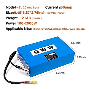 QWW 48V20AH 2000W Lithinum ion Battery for Electric Bicycle Scooter Tricycle Motorcycle，Electric Bicycle/Scooter/Tricycle/Motorcycle Battery with Charge